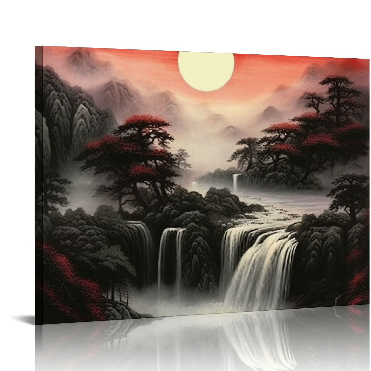 COMIO Chinese Traditional Style Mountain River Tree Sun Landscape ...