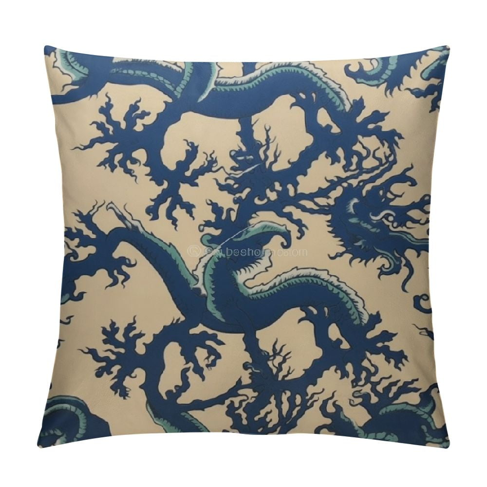 Comio Chinoiserie Navy Dragon Blue Sofa Pillow Cover Dragon Ancient