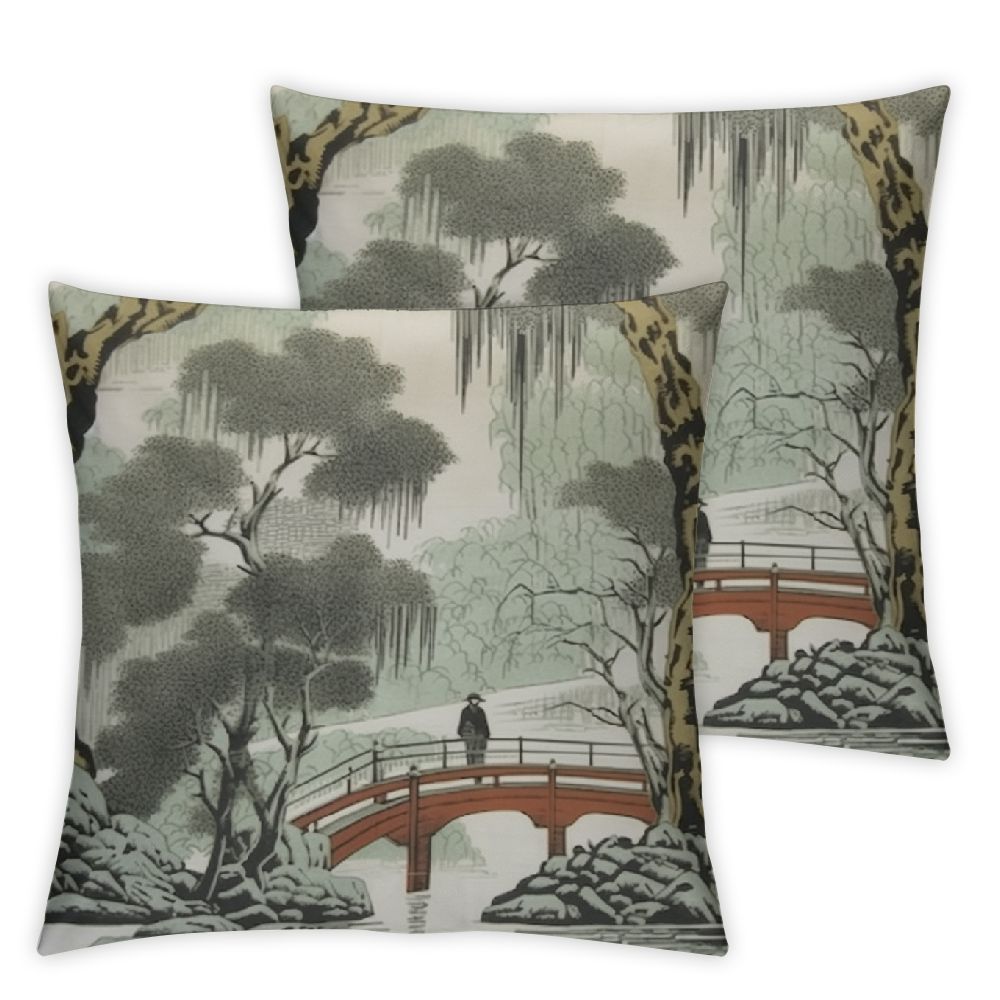 COMIO Chinoiserie Pillow Cover Set of 2 Asian Scenic Grey Decorative ...