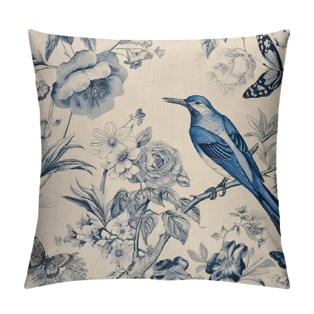 Comio Chinoiserie Pillow Covers Retro Blue White Bird Flower Throw