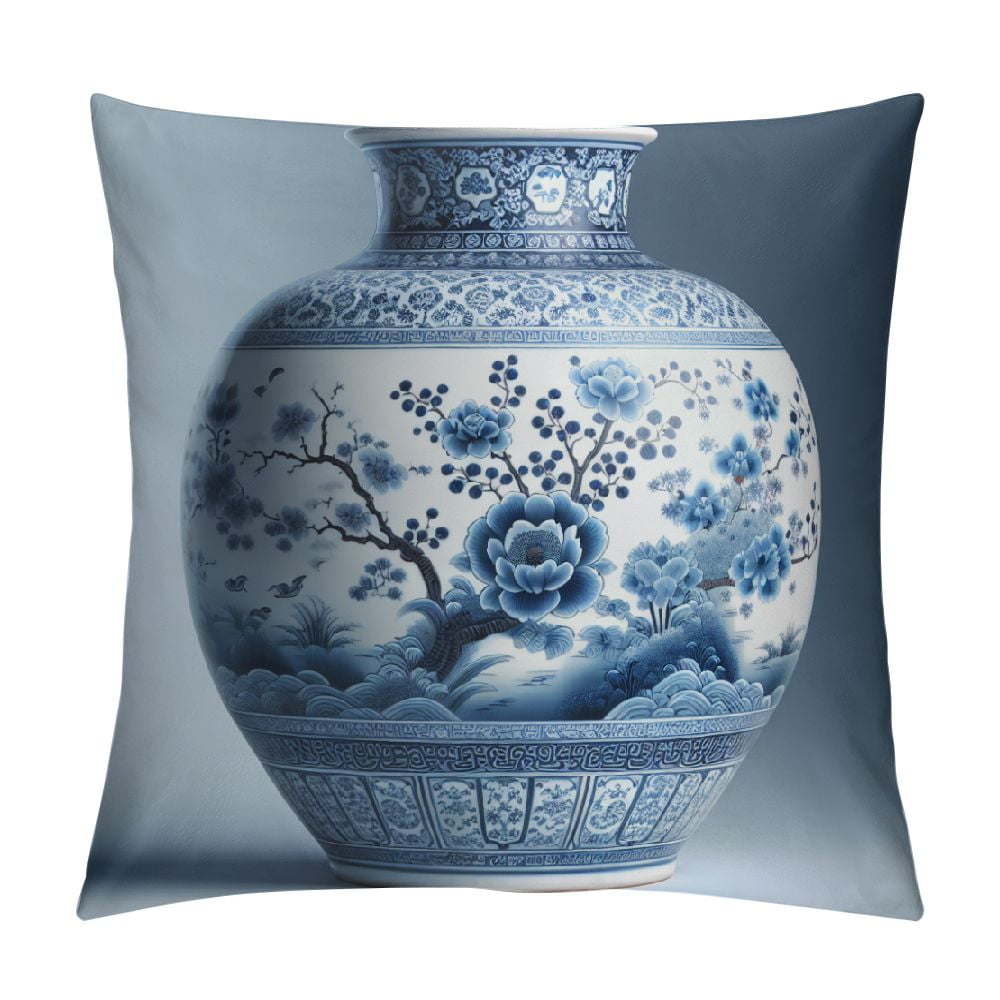 YANMS Chinoiserie Style Cushion Covers Blue Chinoiserie Vase Throw ...