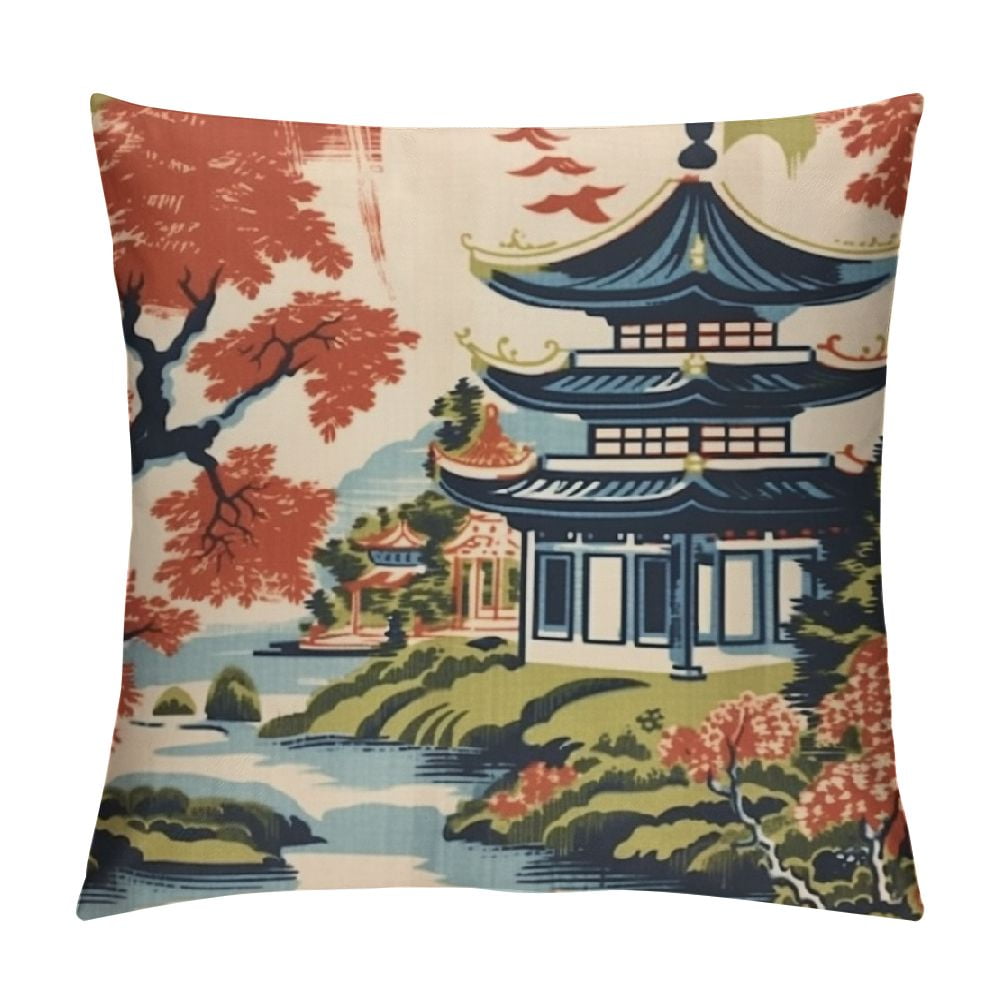 Comio Chinoiserie Style Sofa Cushion Cover Red Black Pagoda Watercolor