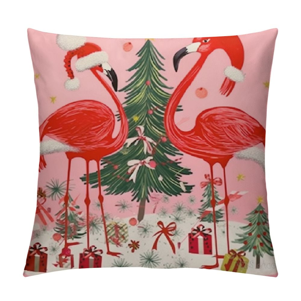 COMIO Christmas Pillow Cover Pink Flamingo Throw Pillow Case Hello ...