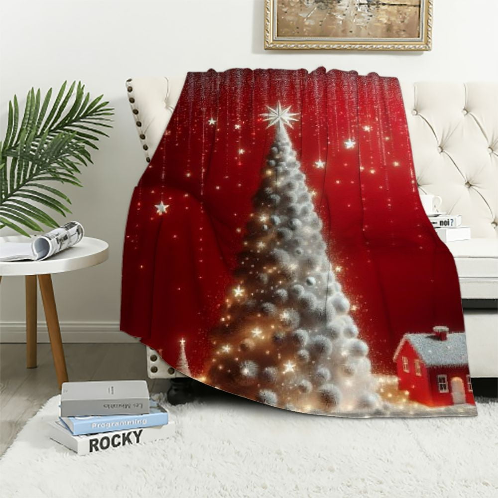 YANMS Christmas Throw Blanket Red Lights Christmas Tree Deer Silhouette ...