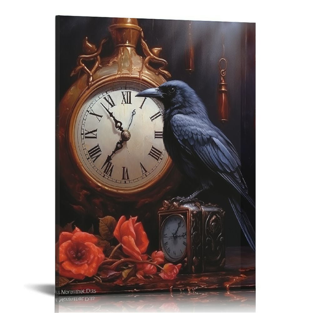 COMIO Clock And Raven Canvas Wall Art Vintage Gothic Poster Halloween ...