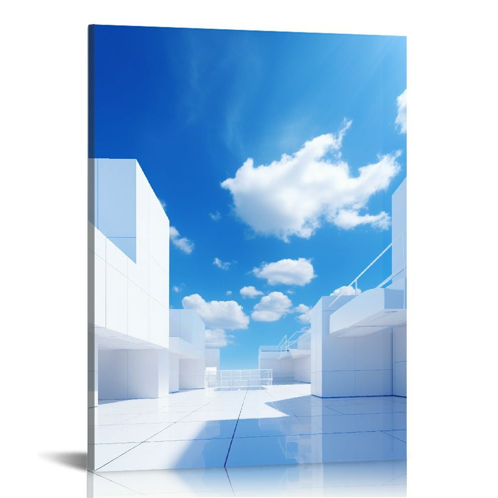 COMIO Clouds Canvas Wall Art Navy Blue Sky Wall Art White Pastel Clouds ...