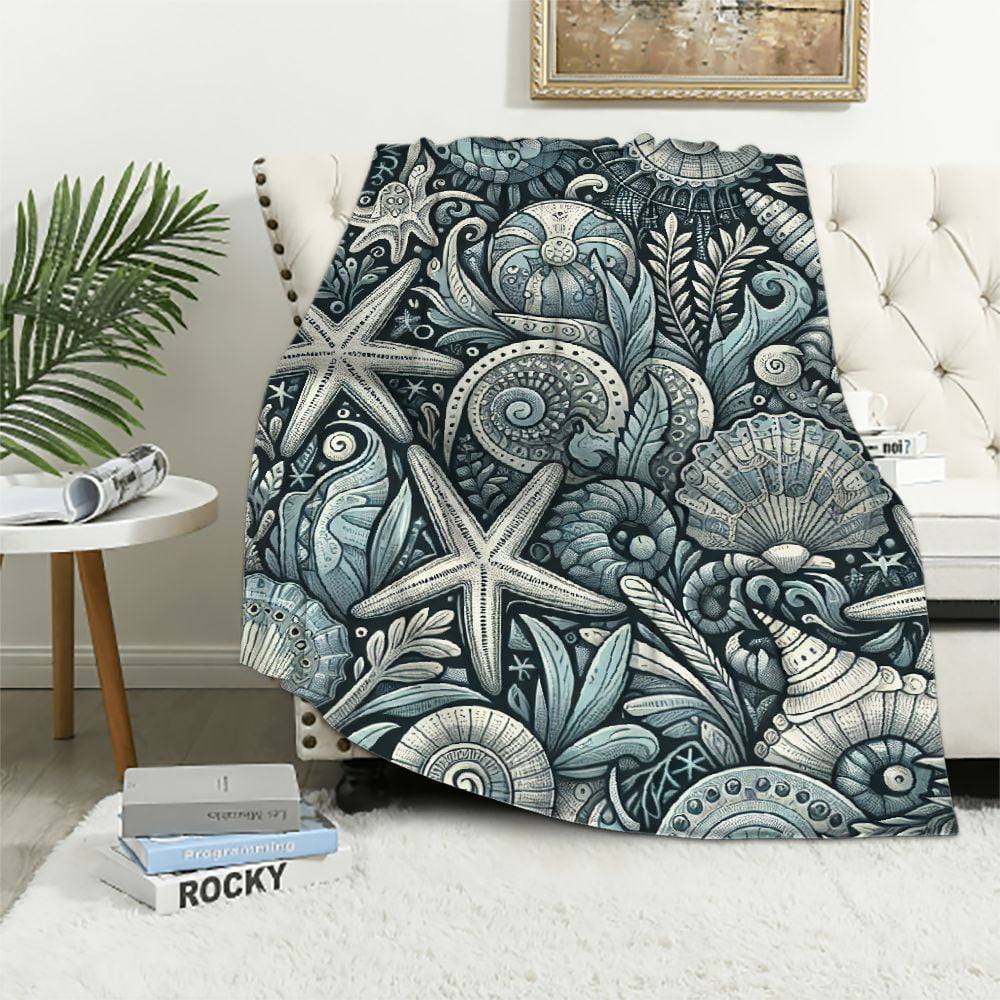 COMIO Coastal Nautical Blanket, Blue and White Beach Sea Starfish ...