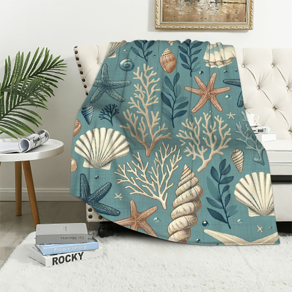 QZHH Coastal Ocean Beach Throw Blanket: Soft Plush Velvet Seashells ...