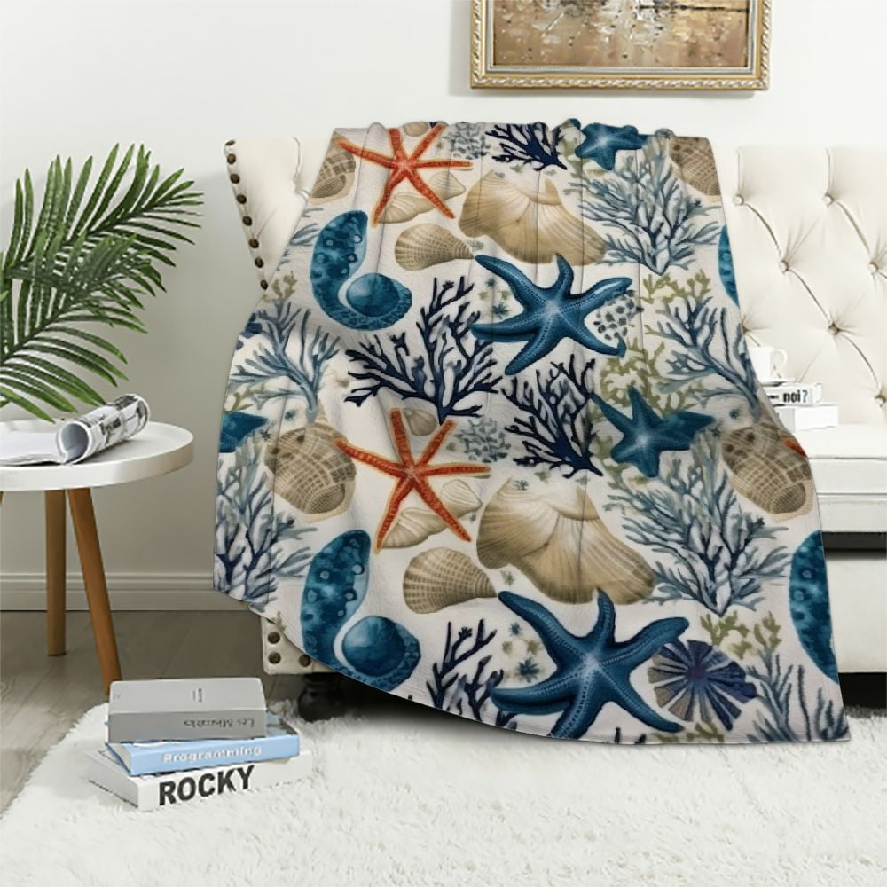 QZHH Coastal Ocean Beach Throw Blanket: Soft Plush Velvet Seashells ...
