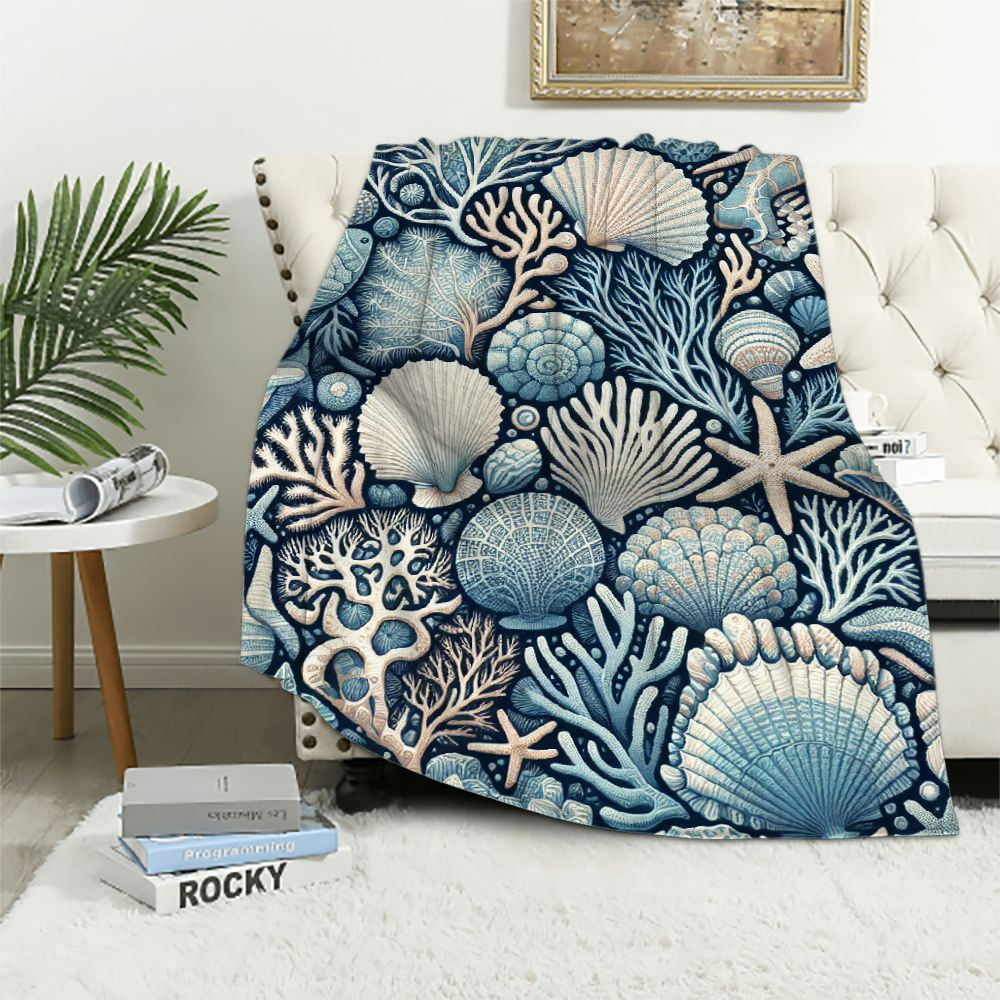 COMIO Coastal Reef Feather Throw Blanket,Blue & Coral - Coral Throw ...