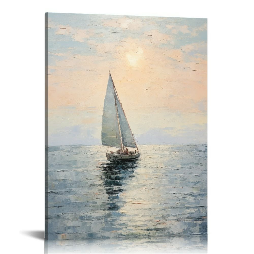 COMIO Coastal Sailing Boat Canvas Wall Art - Blue and White Nautical ...