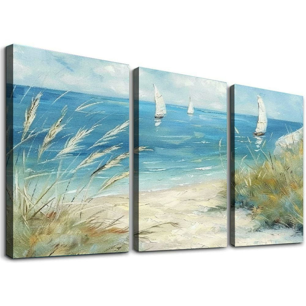 MLJA Coastal Seascape Canvas Wall Art: Beach Path Painting Elegant Blue ...