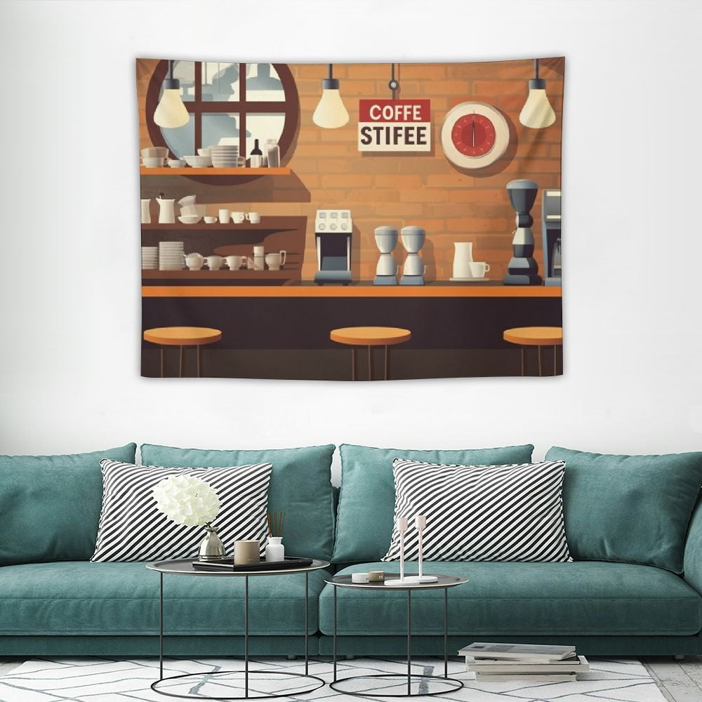 COMIO Coffee Shop Tapestry, Cartoon Store Counter Tapestry Wall Hanging ...