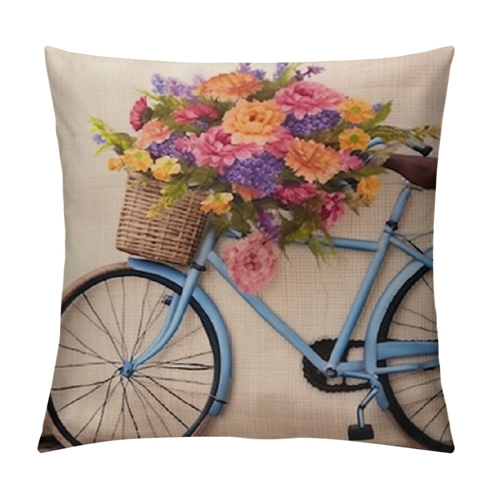 COMIO Colorful Bicycle Flowers Throw Pillow Covers Romantic Spring Farmhouse Decorative Pillow ...