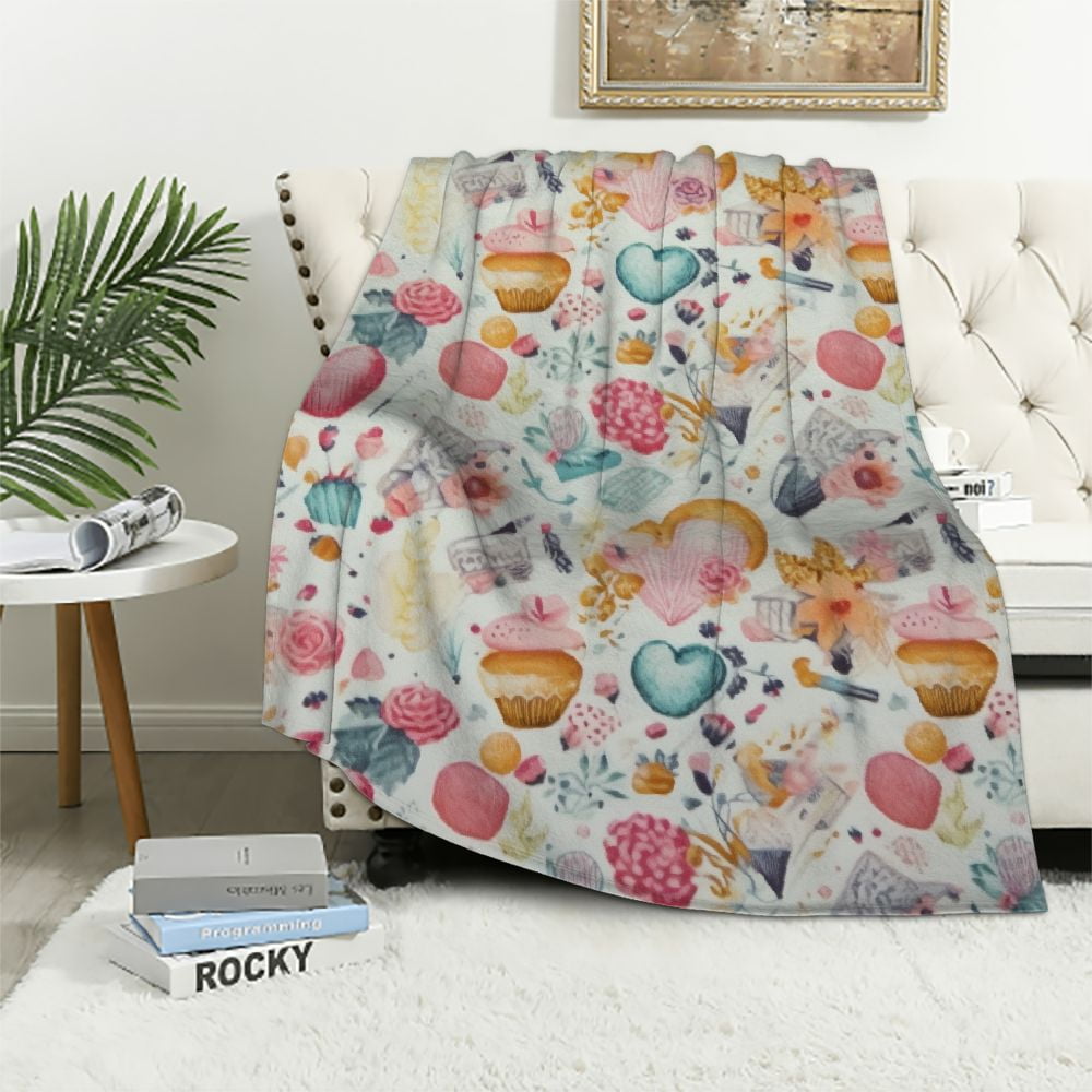 COMIO Colorful Throw Blanket, Pattern of Different Tasty Sweets Cakes Cup of Coffees Candies and ...