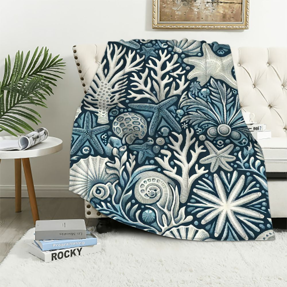 COMIO Coral Seashell Starfish Throw Blanket Ocean Beach Theme Fuzzy ...