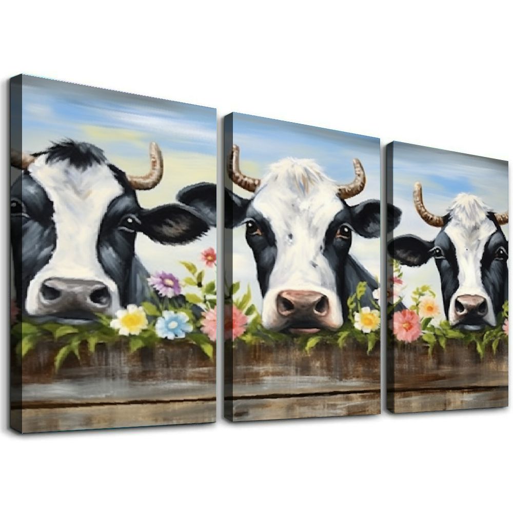 QZHH Cow Wall Art Wooden Picture: Cute Farm Animal Framed Artwork Decor ...