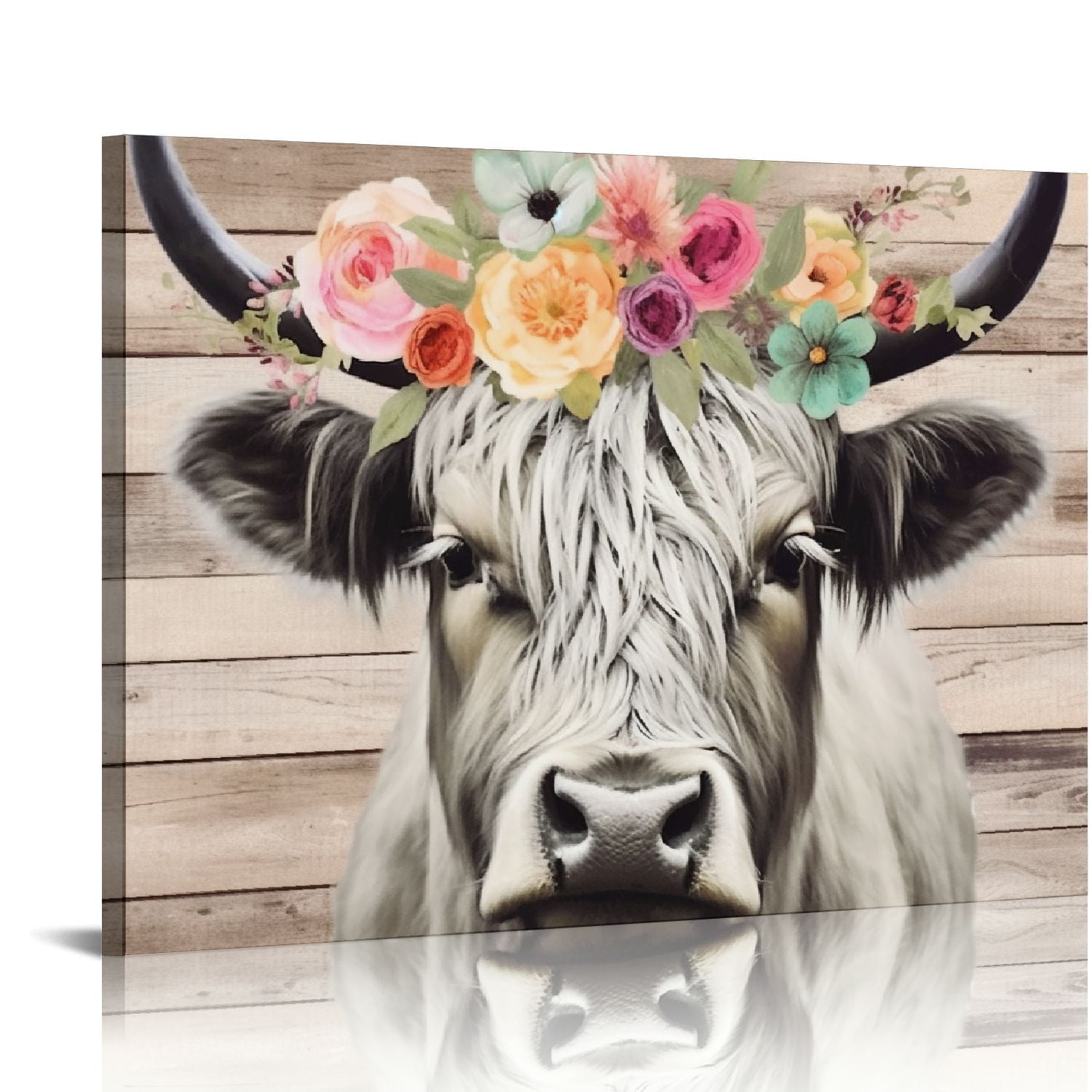 COMIO Cow Wall Decor Black White Highland Cow Headband Flower Canvas ...