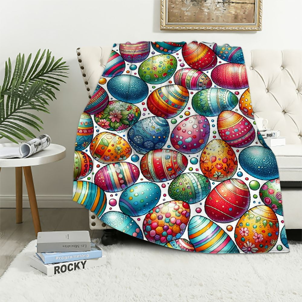 COMIO Cozy Plush Easter Blanket for Couch Colorful Eggs Flower Warm ...