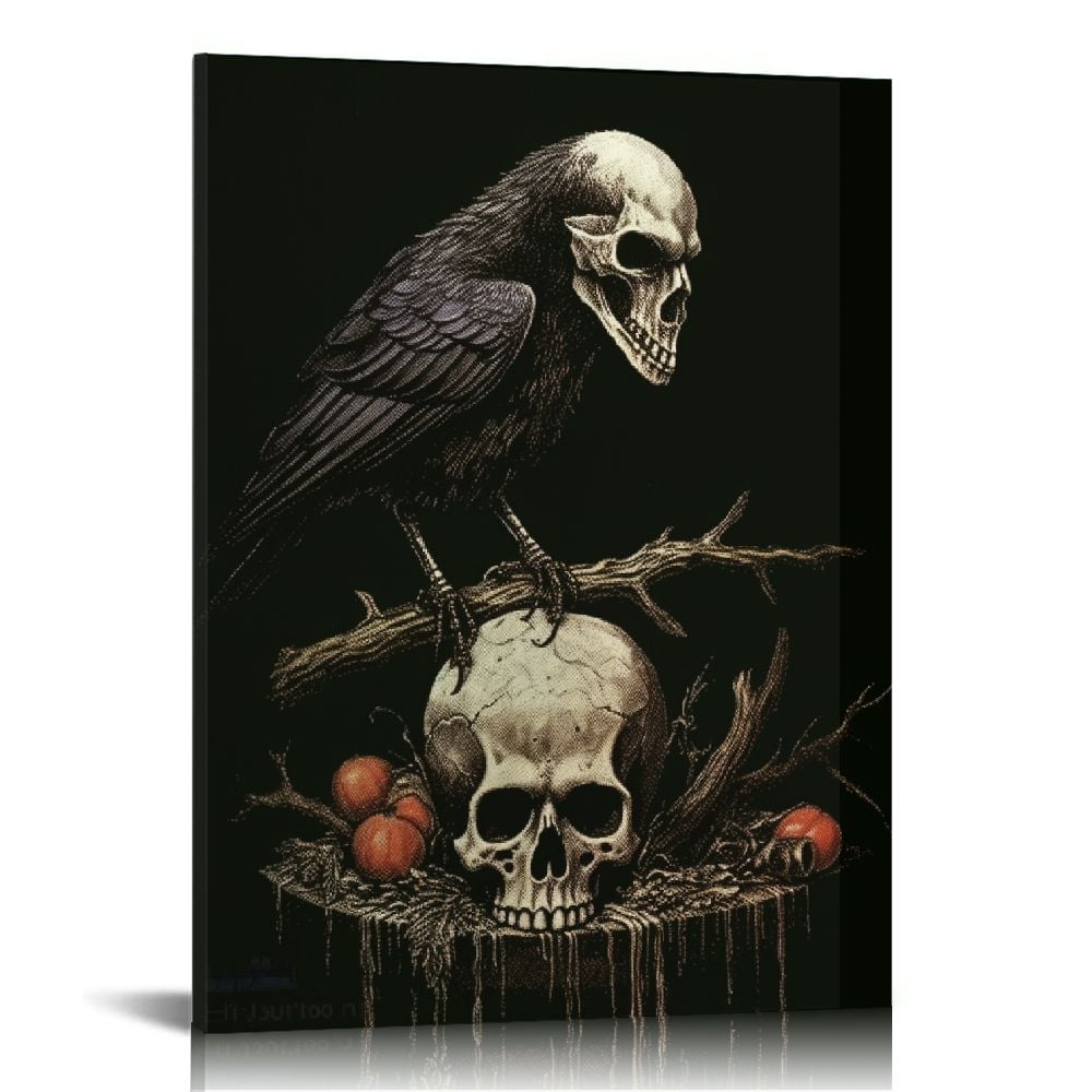 COMIO Crow On A Skull Gothic Macabre Art Canvas Wall Art Prints,Raven ...