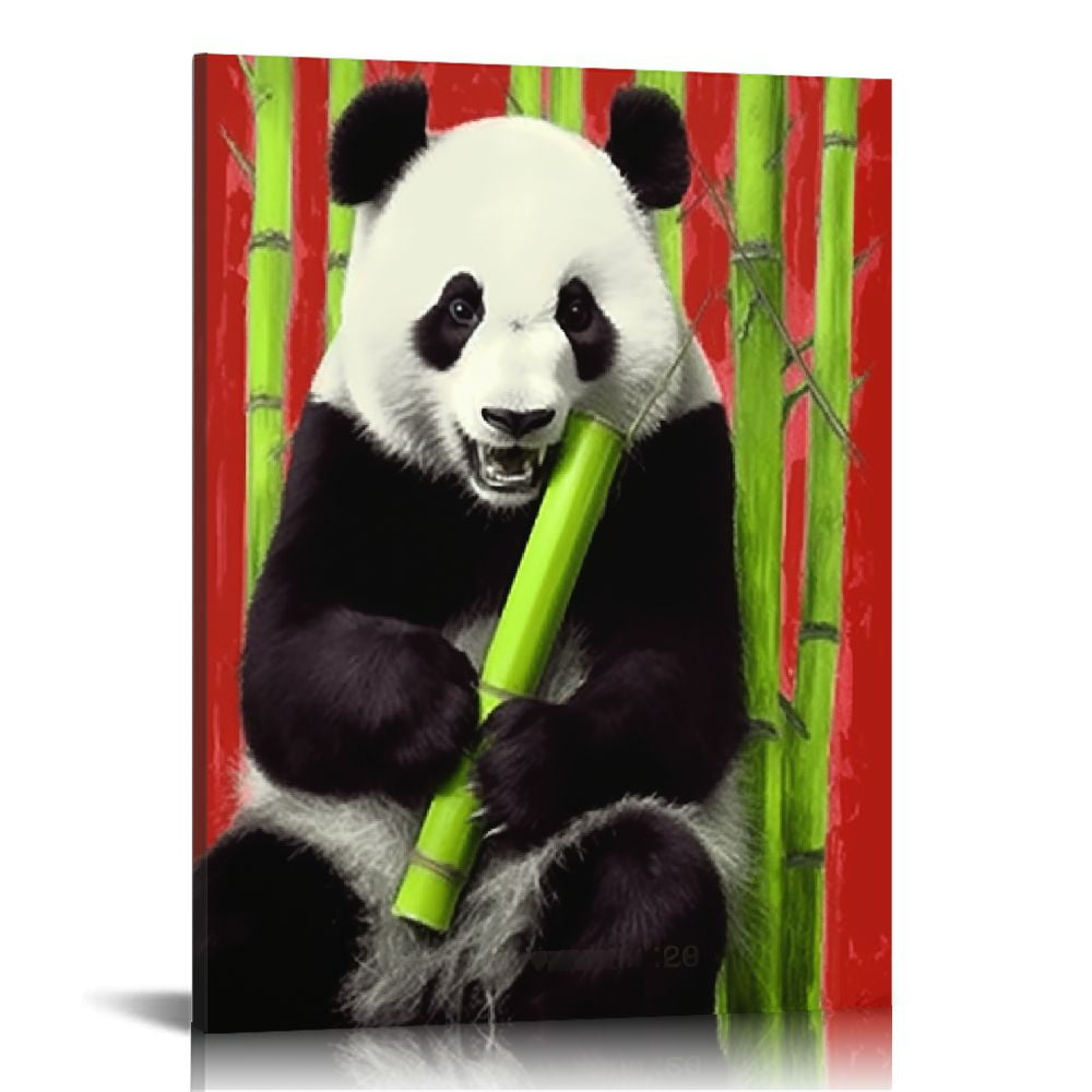COMIO Cute Animal Canvas Wall Art Black and Red Panda Eating Bamboo ...