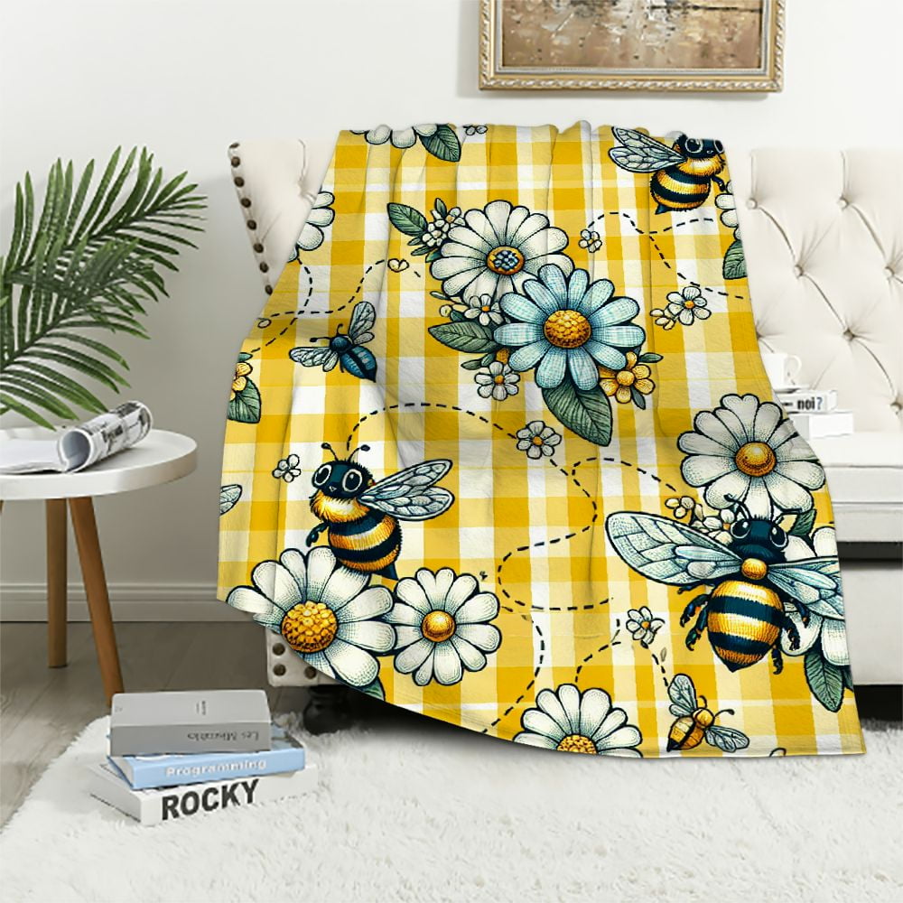 COMIO Cute Bee Daisy Checkered Cartoon Blanket, Soft Blankets Flannel ...