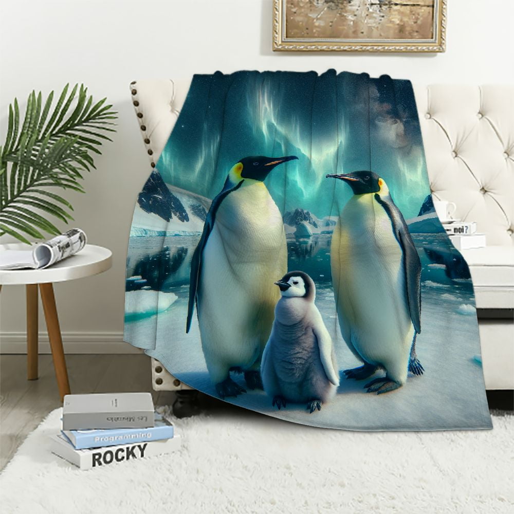 COMIO Cute Blanket Soft Fluffy Flannel Throw Blue Sky Penguin, For Sofa ...