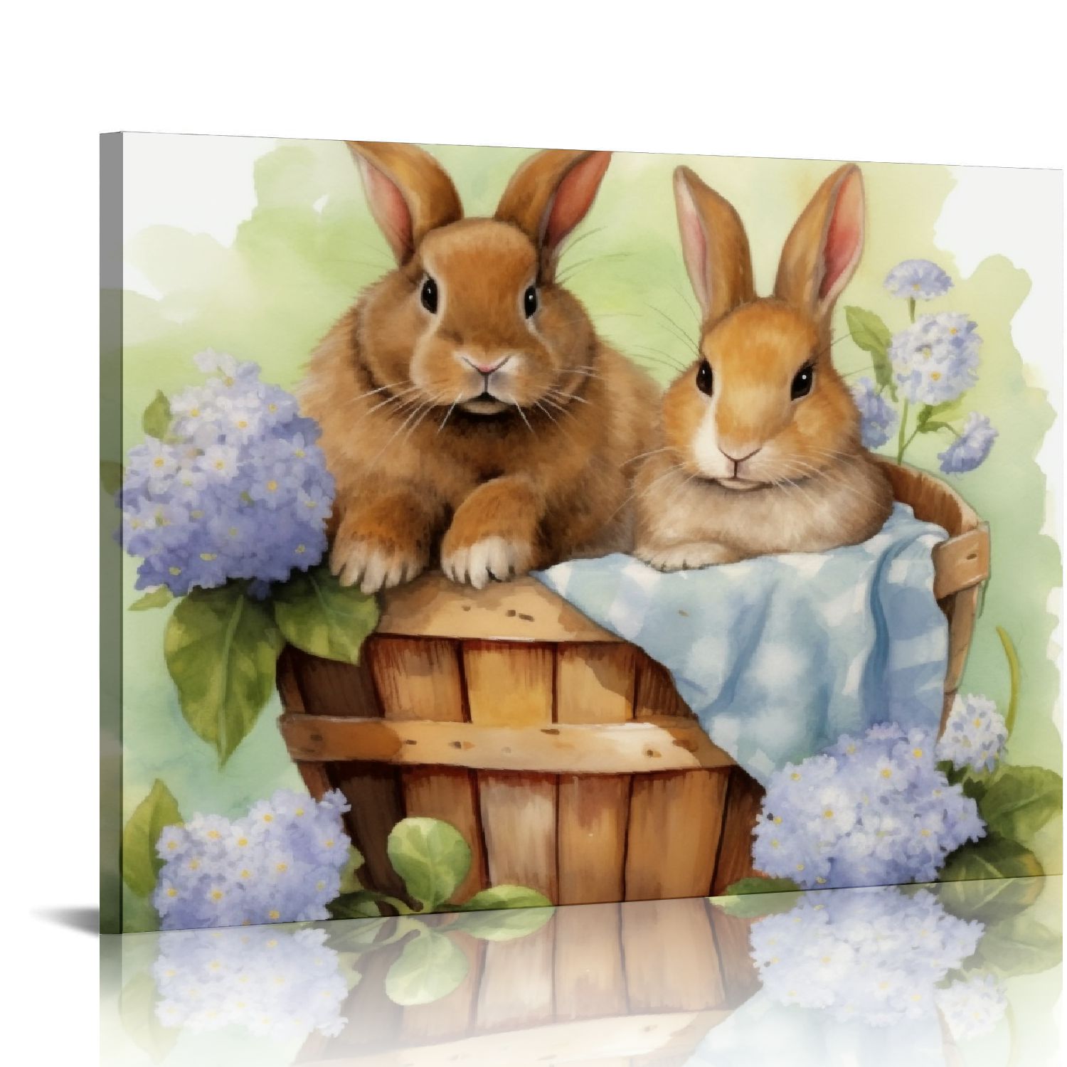 COMIO Cute Bunny Wall Art Blue Flowers Canvas Print Picture Farmhouse ...
