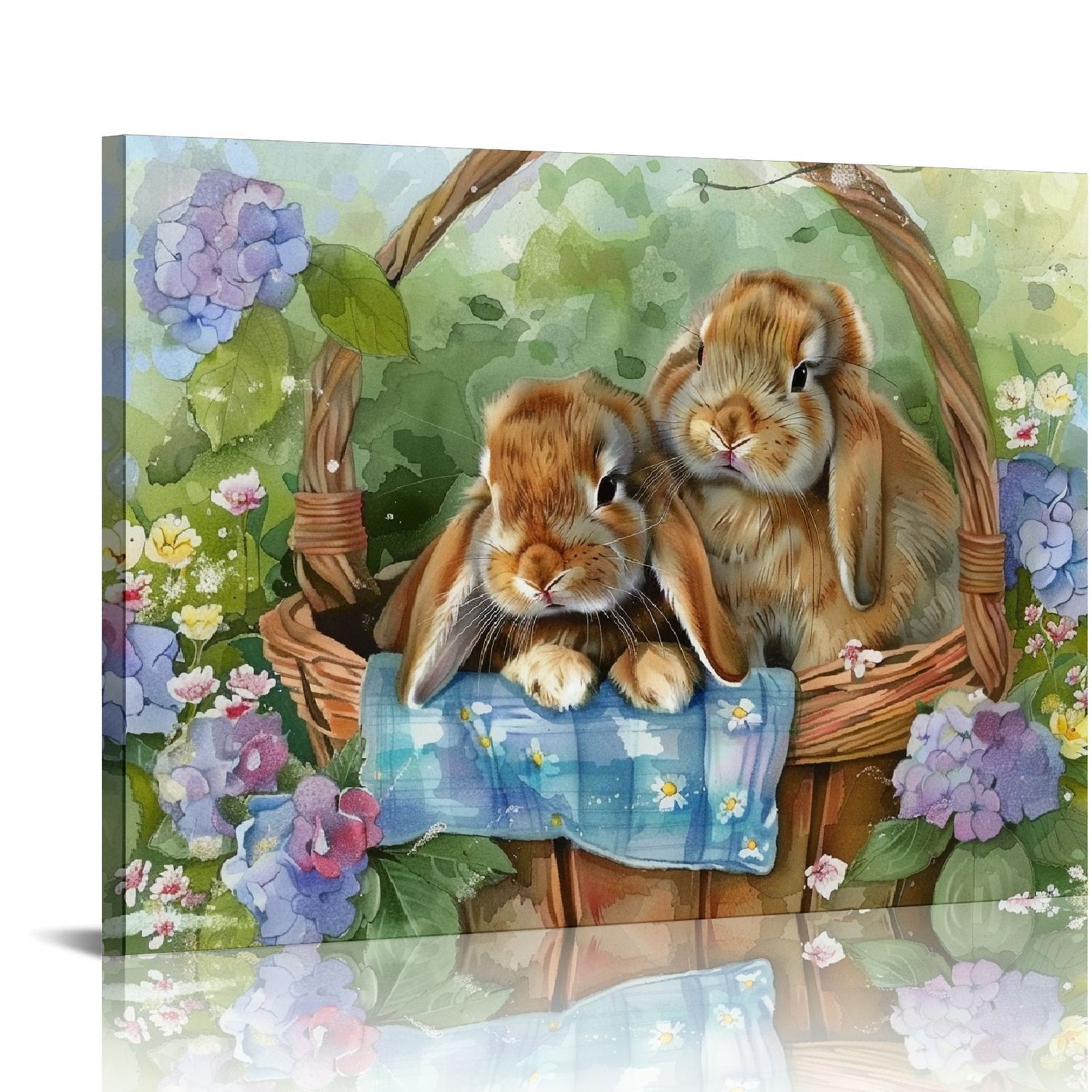 COMIO Cute Bunny Wall Art Blue Flowers Canvas Print Picture Farmhouse ...