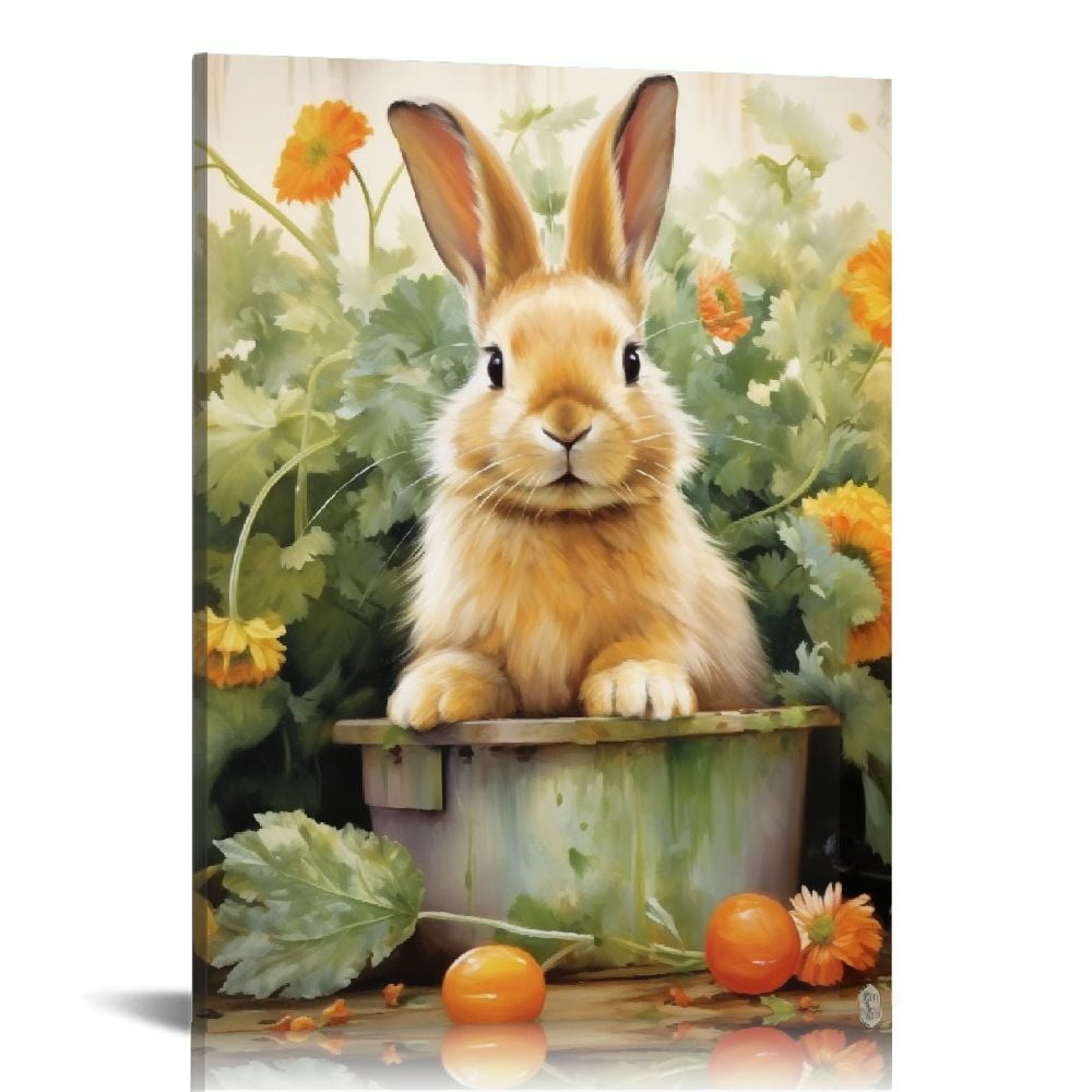 COMIO Cute Bunny Wall Art Orange Flowers Canvas Print Picture Farmhouse ...