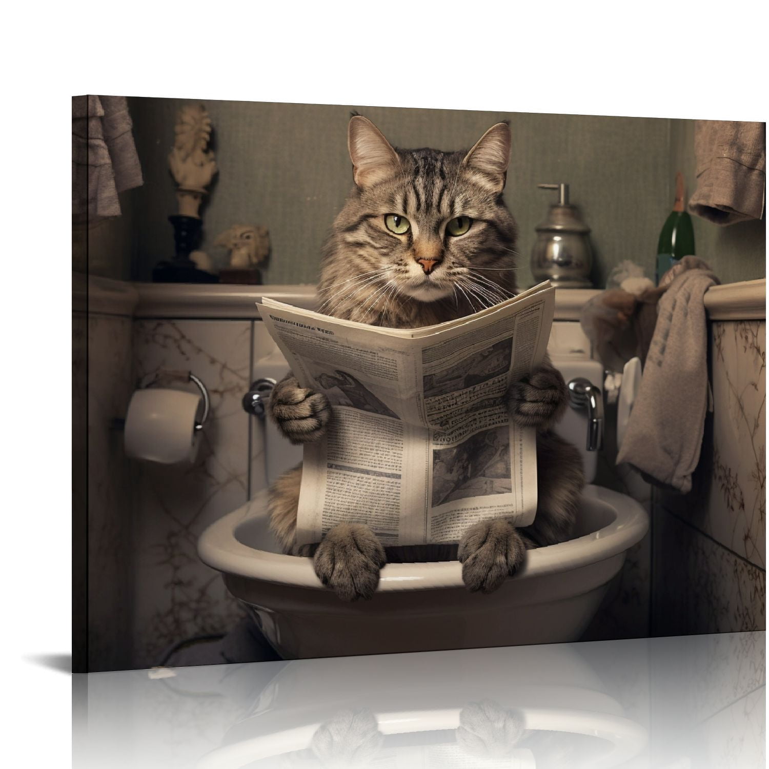 COMIO Cute Cat Reading Newspaper on Toilet Picture Canvas Painting ...