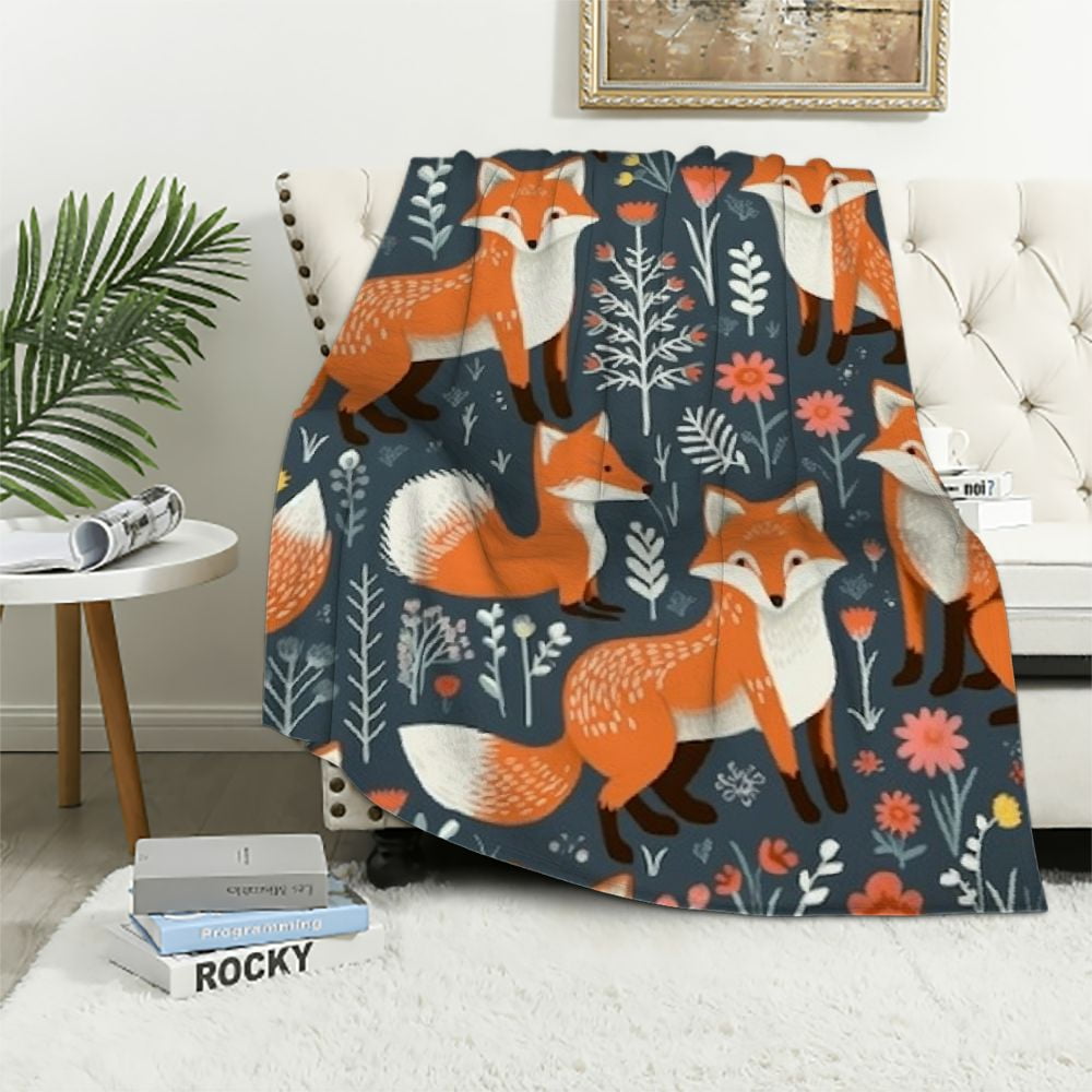 COMIO Cute Fox Blanket Funny Animal Fox with Flower Decor Throw Blanket ...