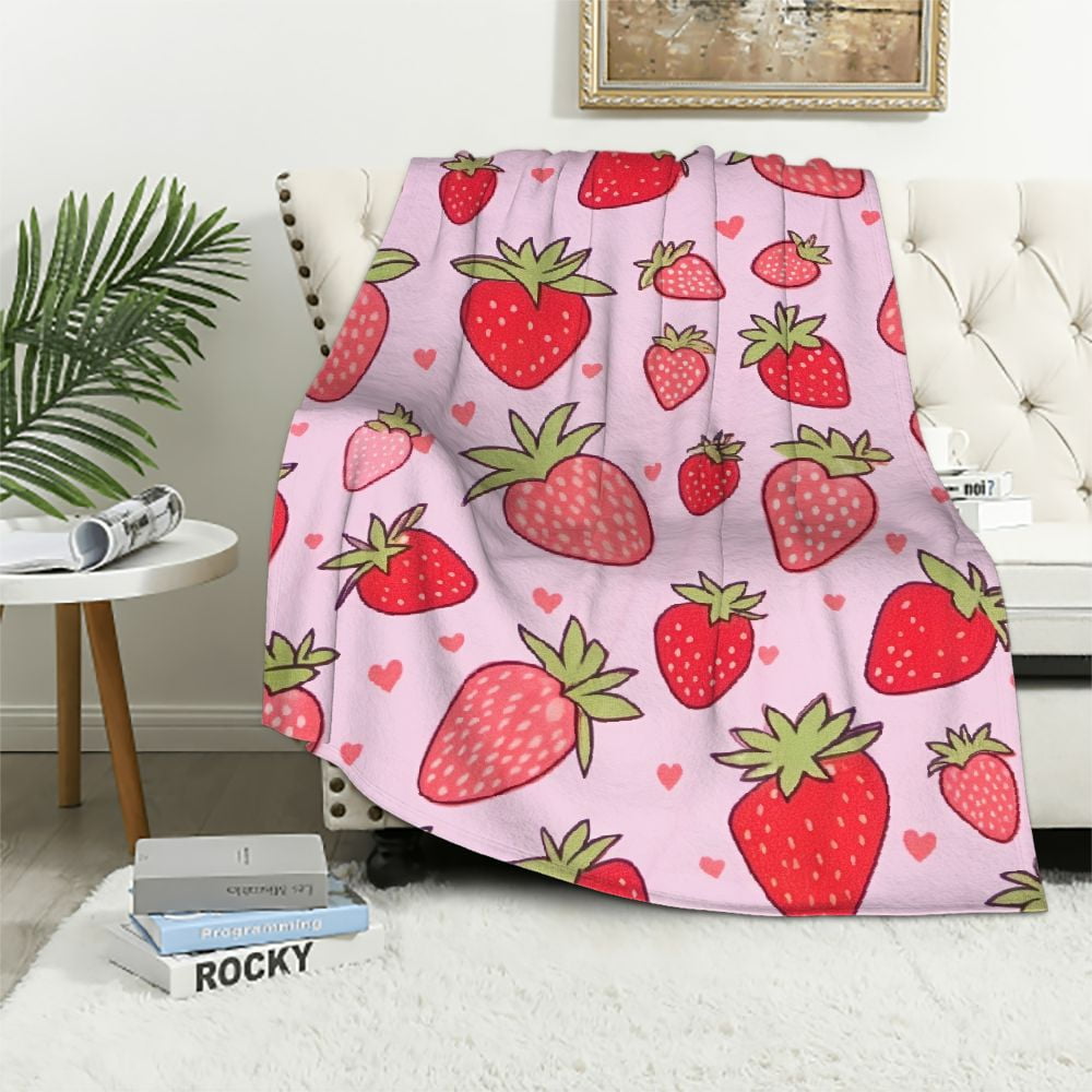 QZHH Cute Pink Strawberry Throw Blanket Super Soft Flannel Throw ...