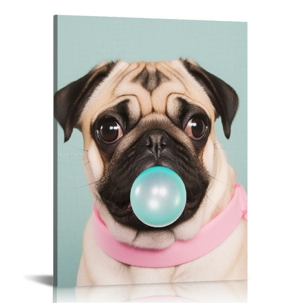 COMIO Cute Puppy Pug Dog Animal Bubble Gum Art Teal Blue Canvas Print ...