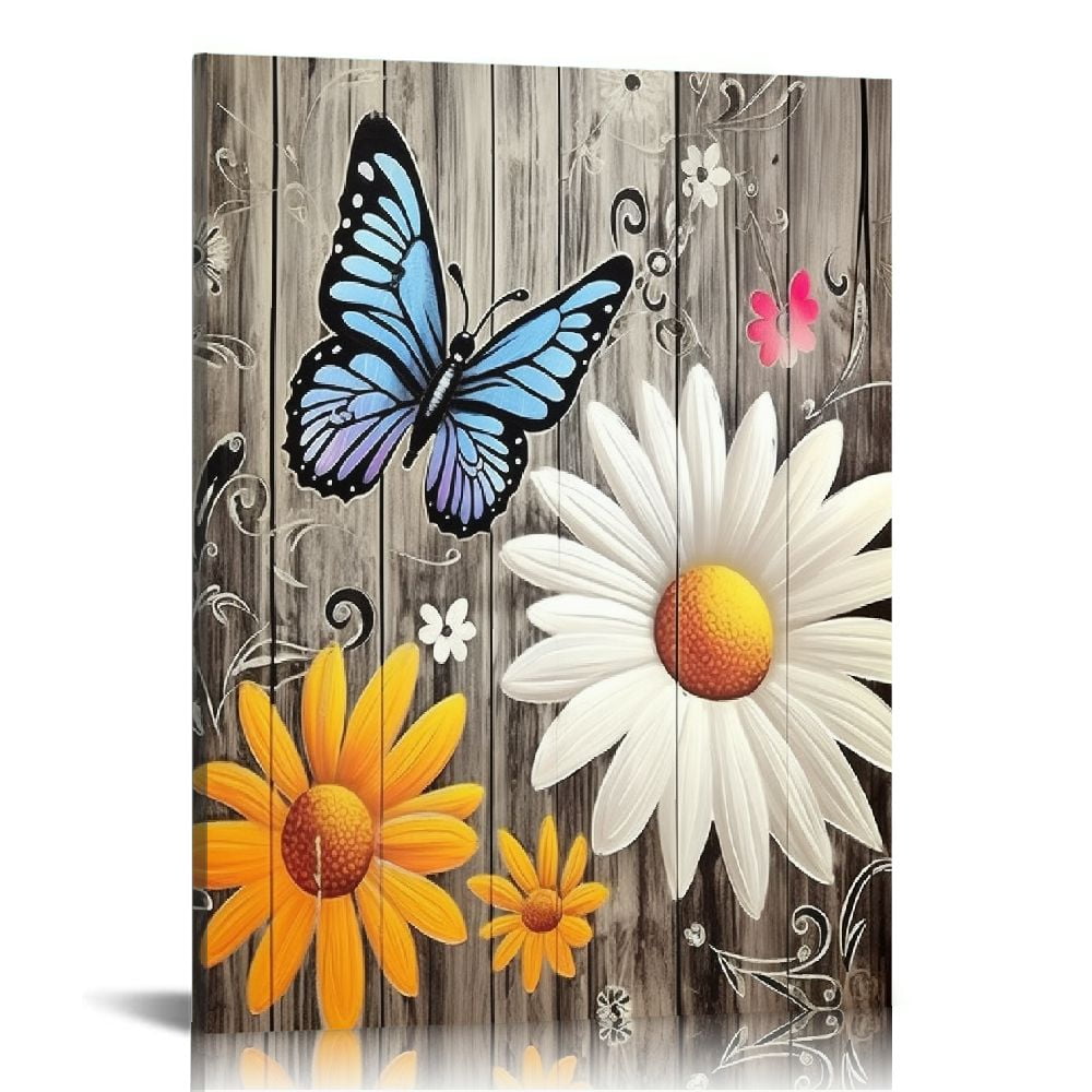 COMIO Daisy Flower Butterfly Canvas Wall Art -Modern Artwork Prints ...