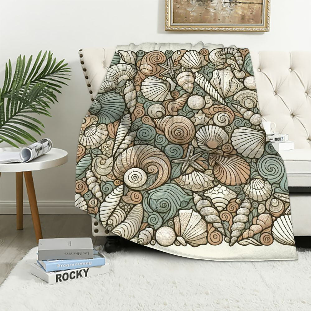 COMIO Decorative Ocean Beach Shell Throw Blanket Calming Muted Blues ...