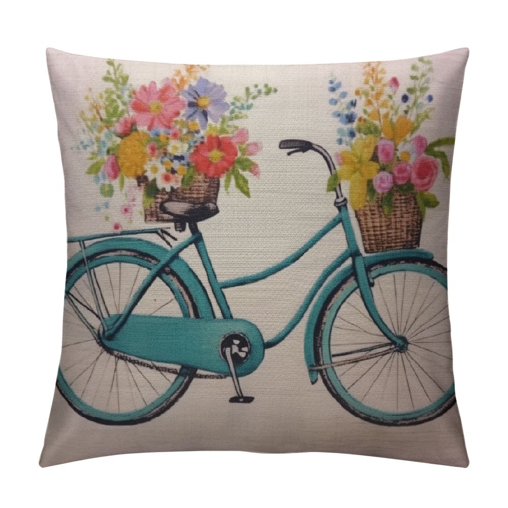 COMIO Decorative Throw Pillow Cover for Couch Sofa,Bike Retro Blue Bicycle with Flowers in ...