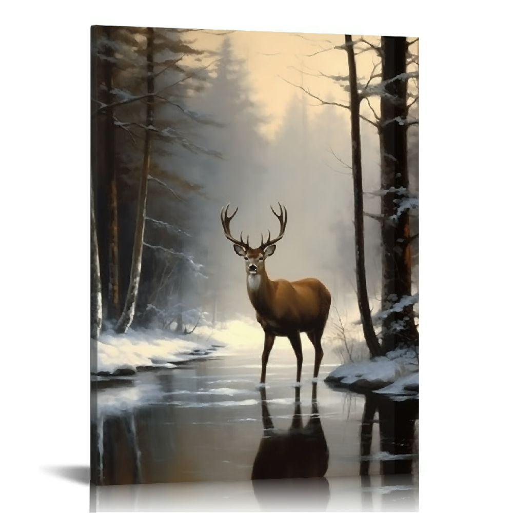 COMIO Deer Wall Art Decor, Deer in a Snowy Forest Black Framed Wall Art ...