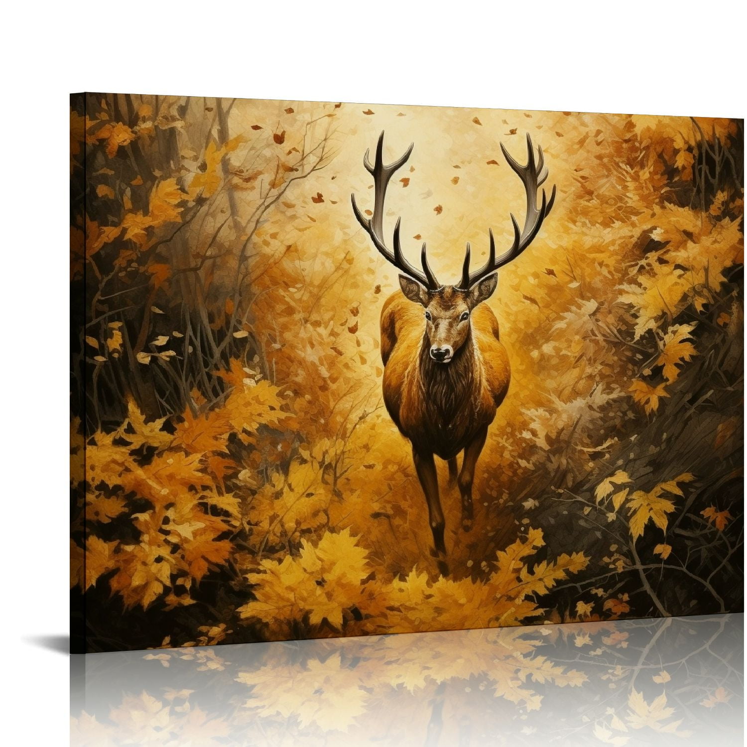 COMIO Deer in Red Autumn Foggy Forest Picture Elk Decor Canvas Prints ...