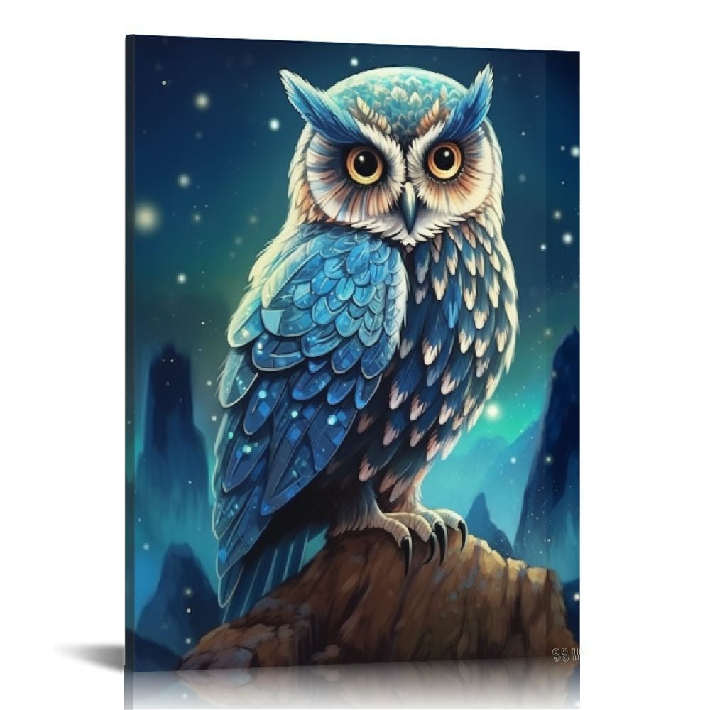 COMIO Diamond Owl wall art living room,Blue Owl, bird animal canvas ...