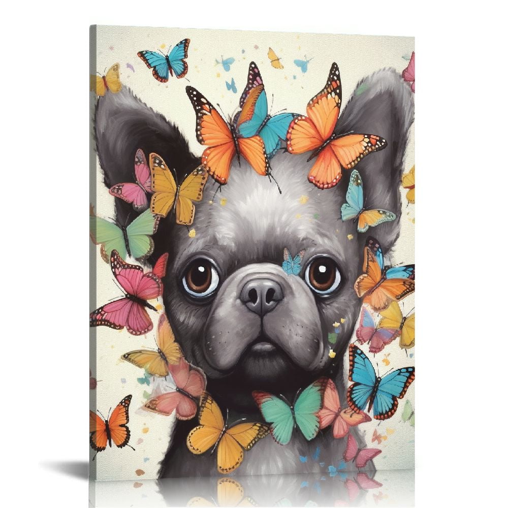 COMIO Dog Pictures Canvas Wall Art Dog with Colorful Butterfly Prints Decor Funny Animal ...