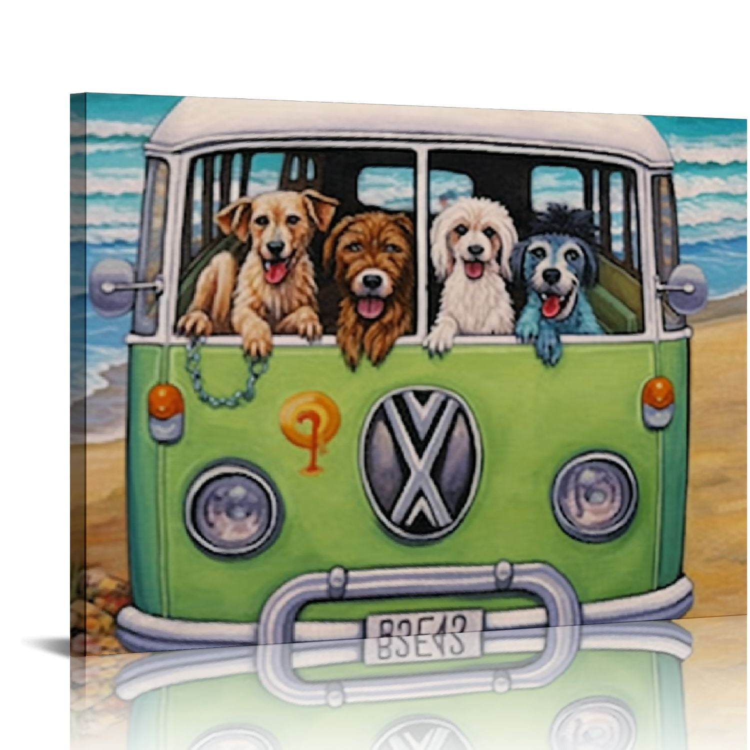 COMIO Dogs Driving Retro Van Summer Beach Trip, Designed Canvas Wall ...