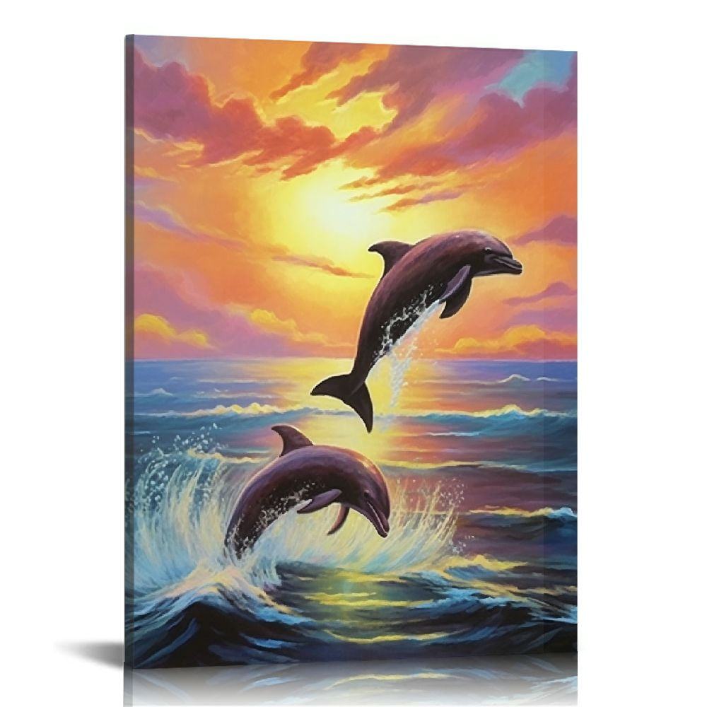 COMIO Dolphin Ocean Decor Wall Art Coastal Nautical Painting Sunset ...