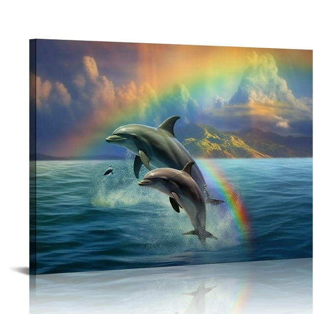 COMIO Dolphins And Rainbows Canvas Print Pictures for Living Room Decorations Colorful Dolphins ...