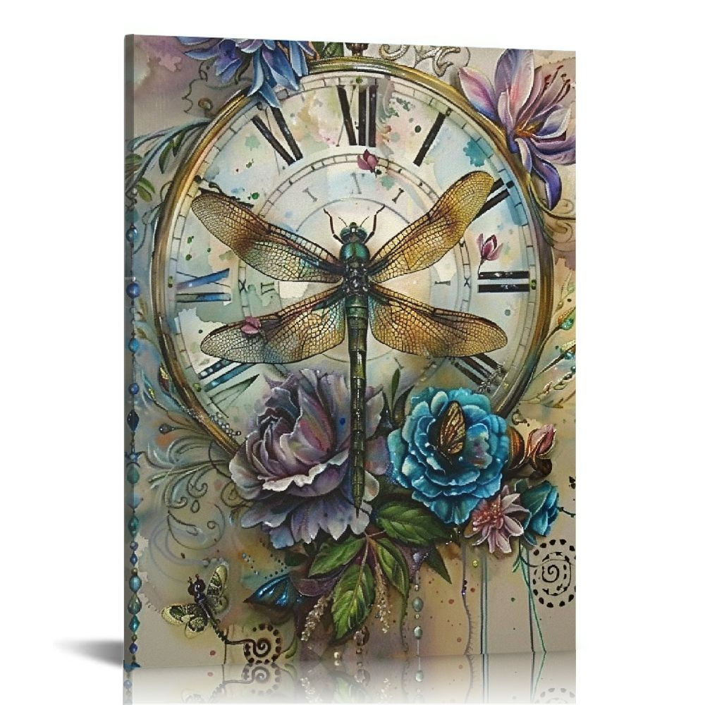 COMIO Dragonfly Canvas Wall Art Colorful Rose Flower and Vintage Clock ...