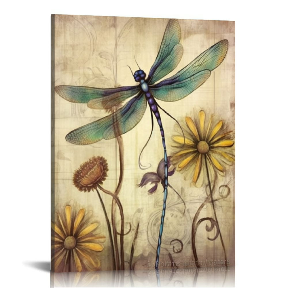COMIO Dragonfly Canvas Wall Art Decor Vintage Insect Dragonflies Dandelion Picture Print on ...
