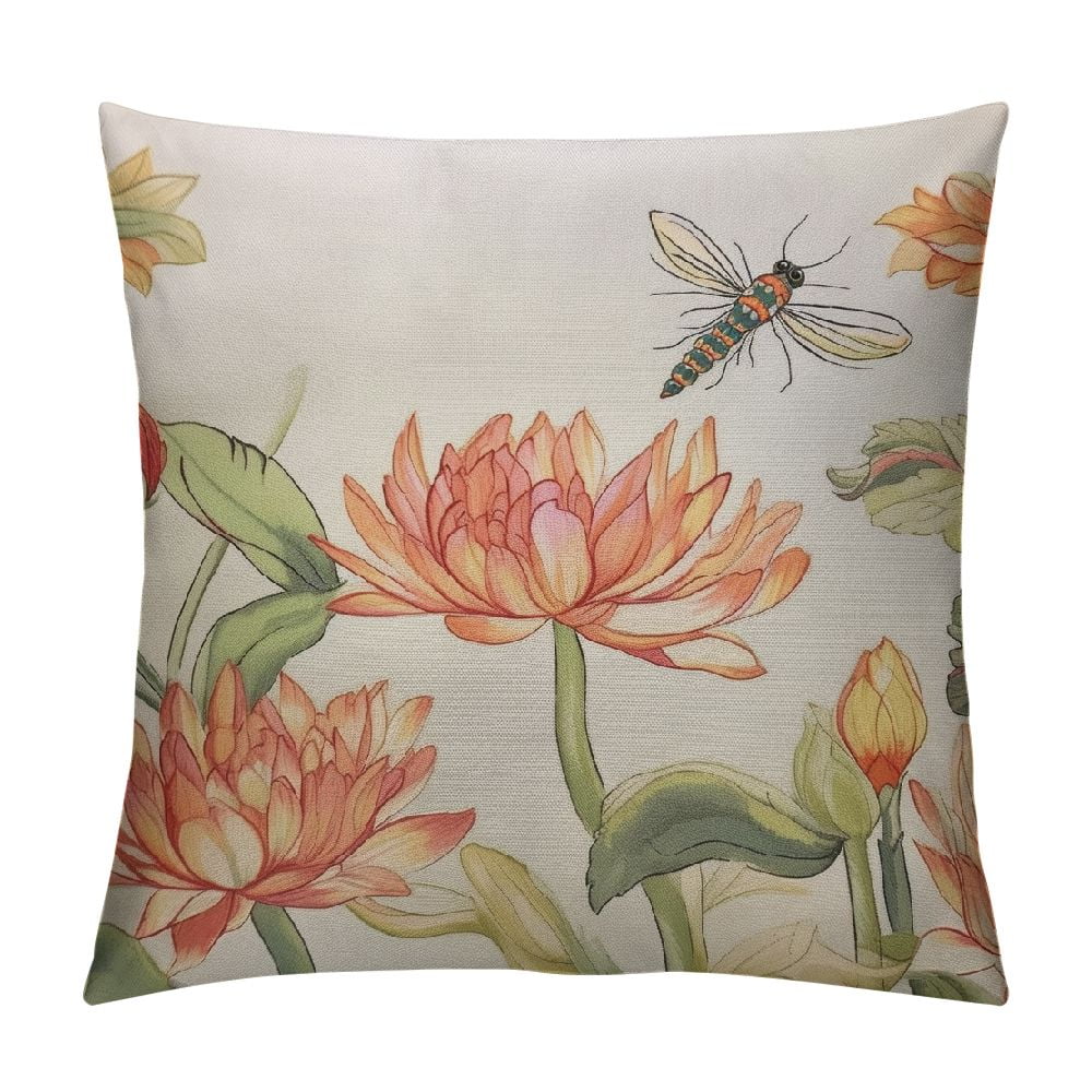 Comio Dragonfly Throw Pillow Cushion Cover Lotus Flower Field With