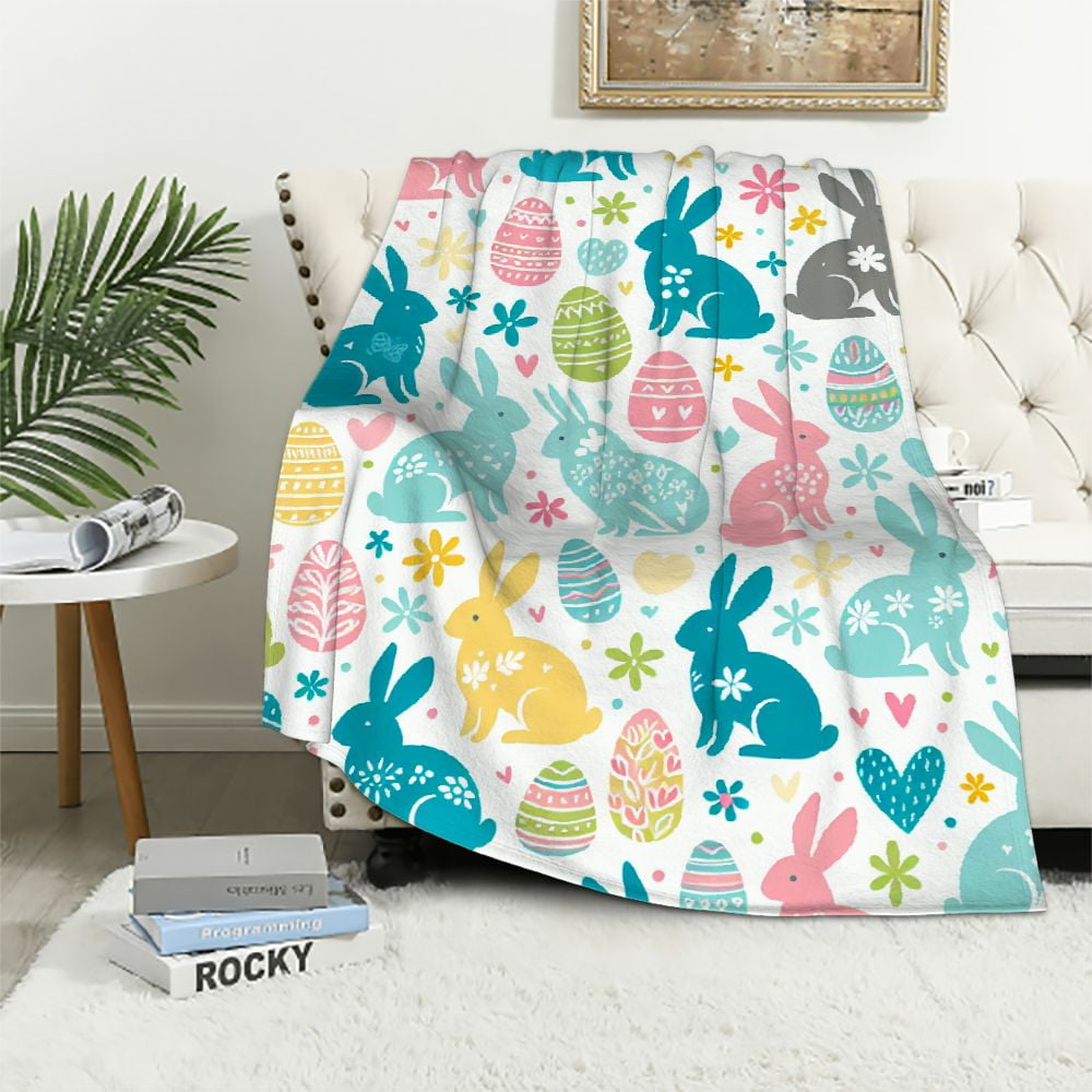 COMIO Easter Blanket Spring Bunny Rabbit Eggs Soft Flannel Colorful ...
