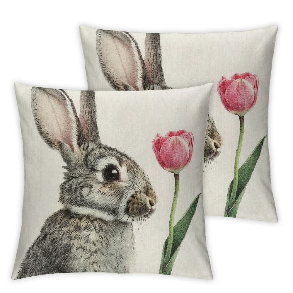 COMIO Easter Bunny Tulip Throw Pillow Cover, Spring Easter Gray Rabbit ...