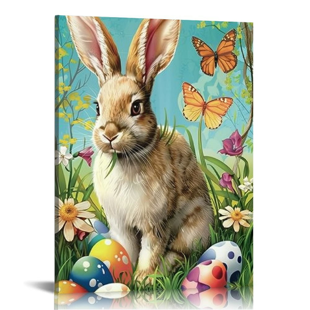 COMIO Easter Canvas Wall Art - Spring Colorful Flowers Eggs Rabbit ...